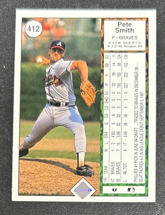 1989 Upper Deck Pete Smith Baseball Card #412 Braves Pitcher EXMT O/C ...
