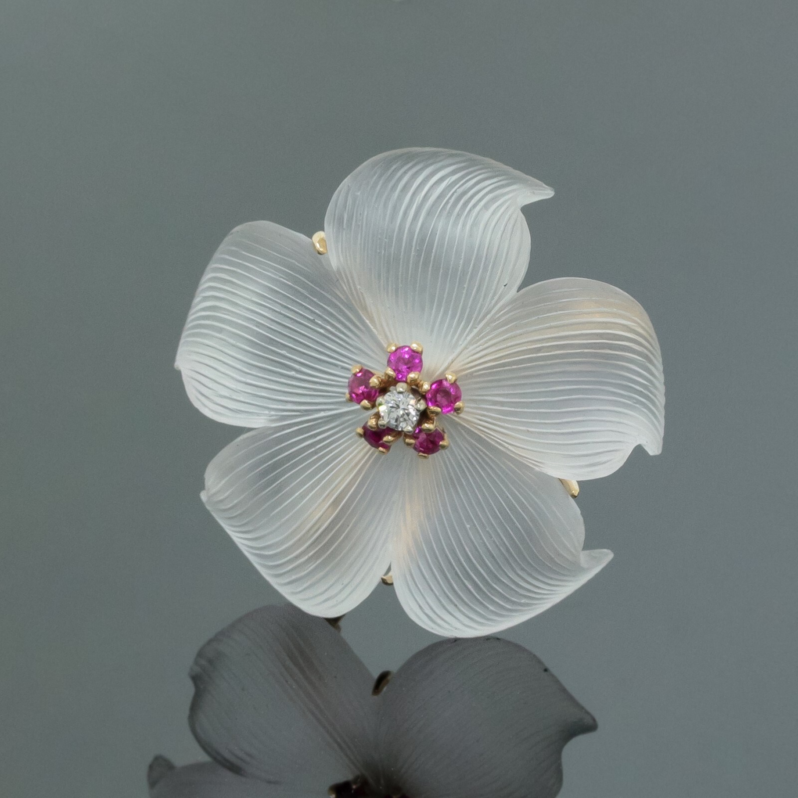 Tiffany & Co. Diamond, Ruby, & Carved Rock Crystal Flower Brooch 14K ...