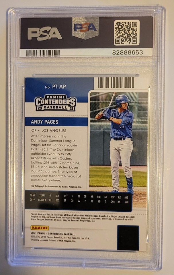 Andy Pages PSA 9 Auto Panini 2021 Cracked Ice Prospect Ticket LA ...