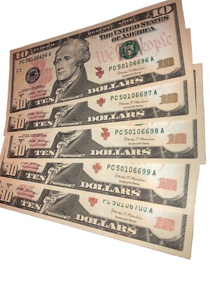 5 Uncirculated Ten Dollar Bills In Sequential Order ..CRISP.. Very Nice ...