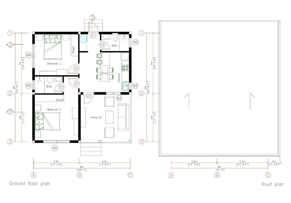 26x30 Feet Small House Plan 8x9 Meter 2 Beds 2 Bath Shed Roof PDF (A4 ...