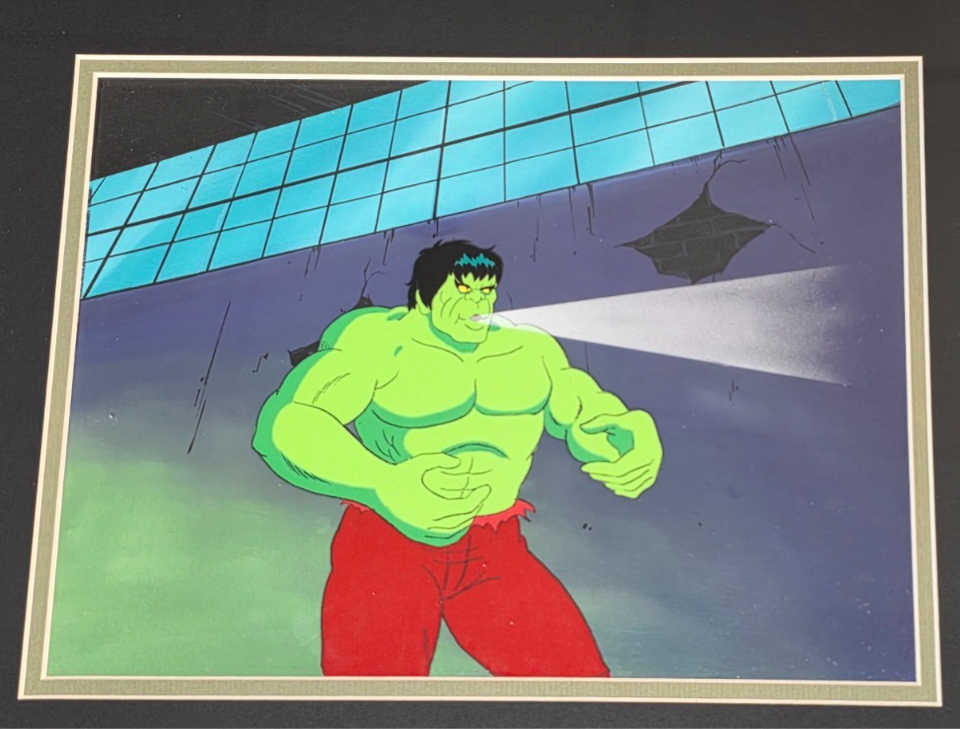 THE INCREDIBLE HULK PRODUCTION ANIMATION CEL ON HAND PAINTED BACKGROUND ...