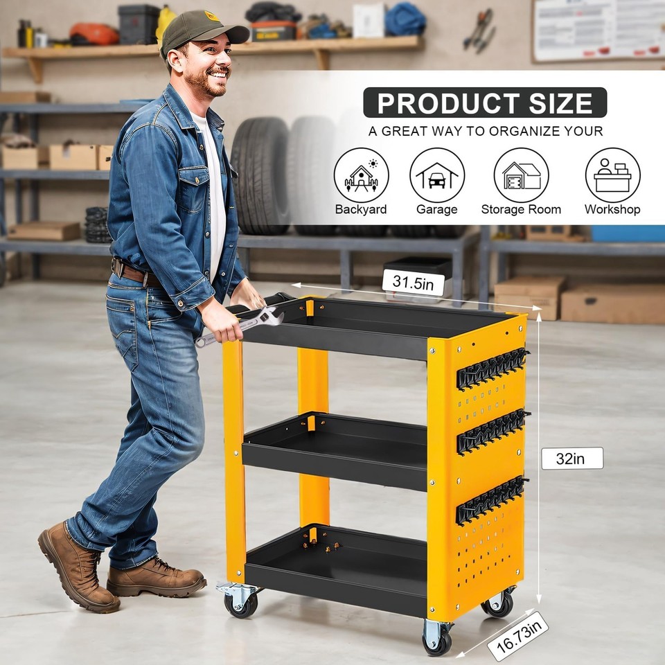 Chinrose 3 Tier Rolling Tool Cart with Pegboard & Hooks &Wheels Metal ...
