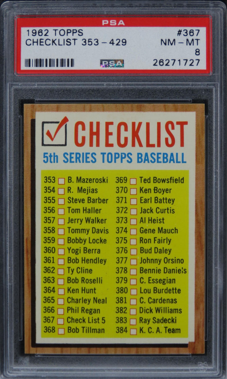 1962 Topps Checklist 353-429 #367 PSA 8 NM-MT | eBay