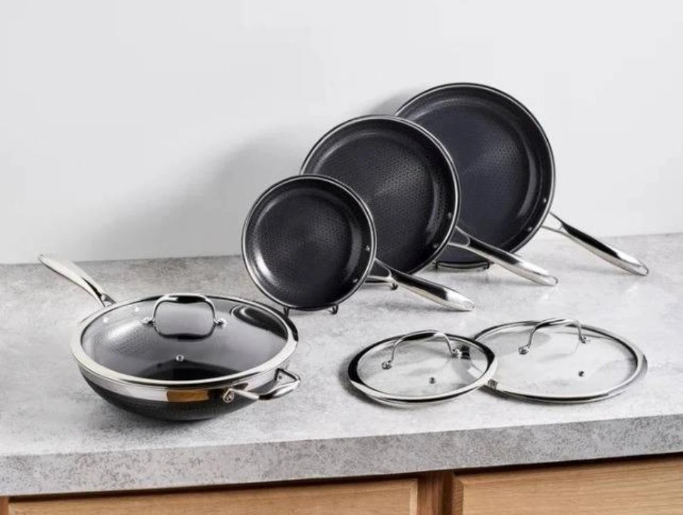 HexClad Hybrid Nonstick 7-Piece Set: 8", 10" & 12" Pans, 12” Wok & Lids ...