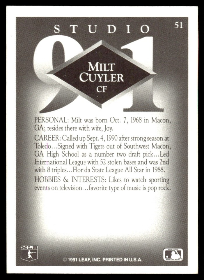 1991 Studio #51 Milt Cuyler Detroit Tigers | eBay