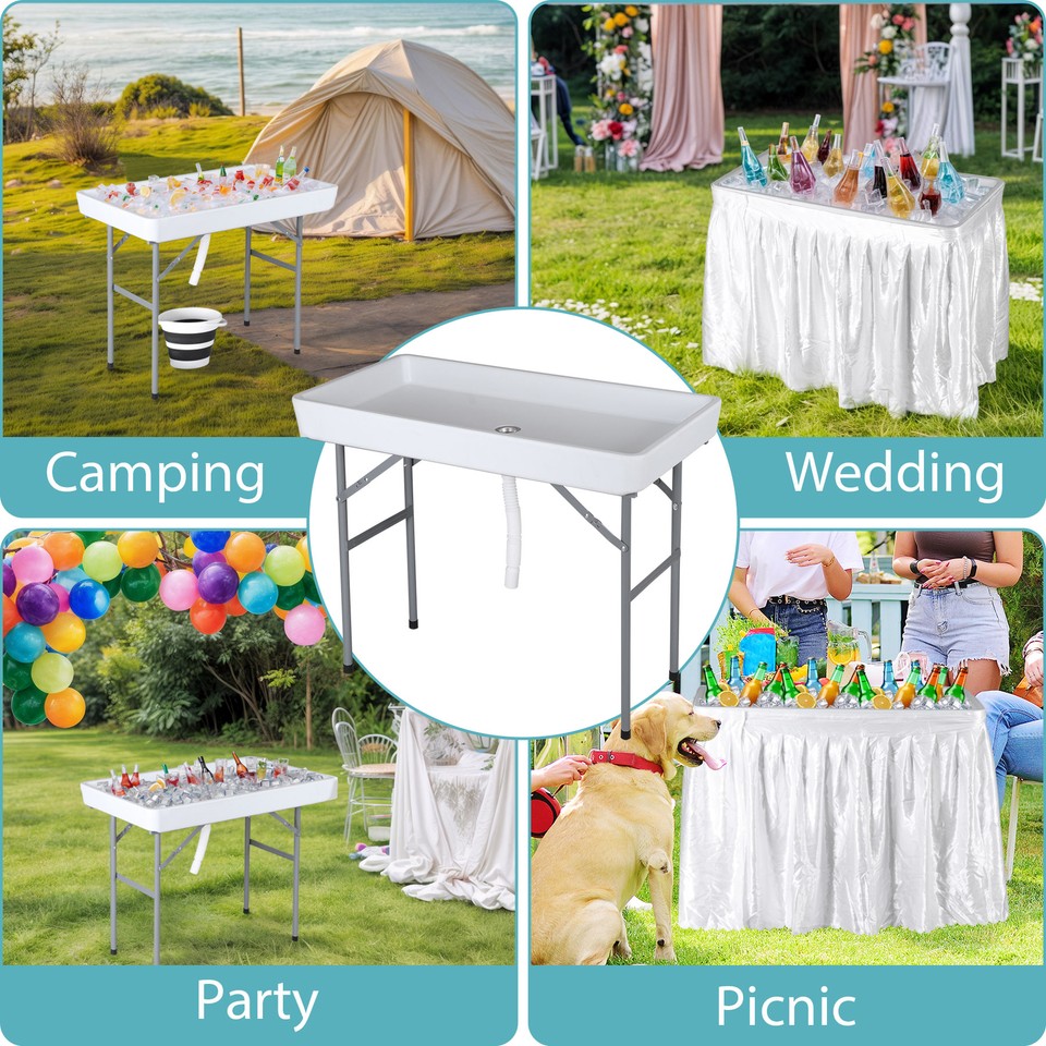 3.4' Foldable Party Ice Bin Table with Edge and Skirt Drain Hose w/5L ...