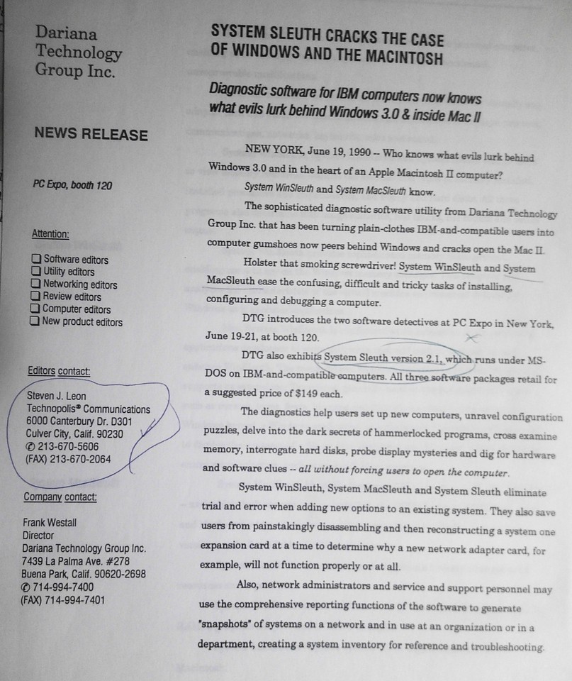 1990 Dariana Technology System Sleuth Press Kit. Diagnostics for IBM PC ...