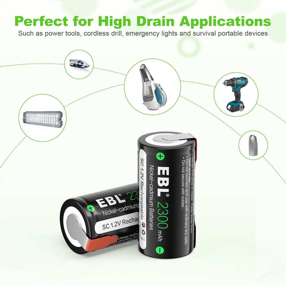 EBL SC, Sub-C Rechargeable Batteries 2300mAh 1.2V Tap lot Power Tool ...