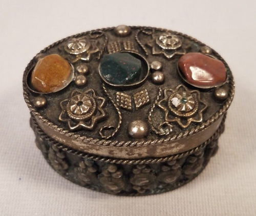 Vintage Mini Jewelry Pill Trinket Box With Natural Stones Silver Tone ...