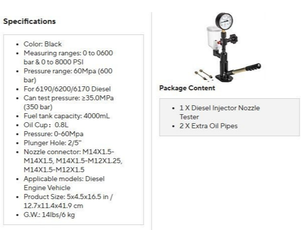 Diesel Injector Nozzle Tester -Dual Scale 0-600 BAR Pop Pressure Tester ...