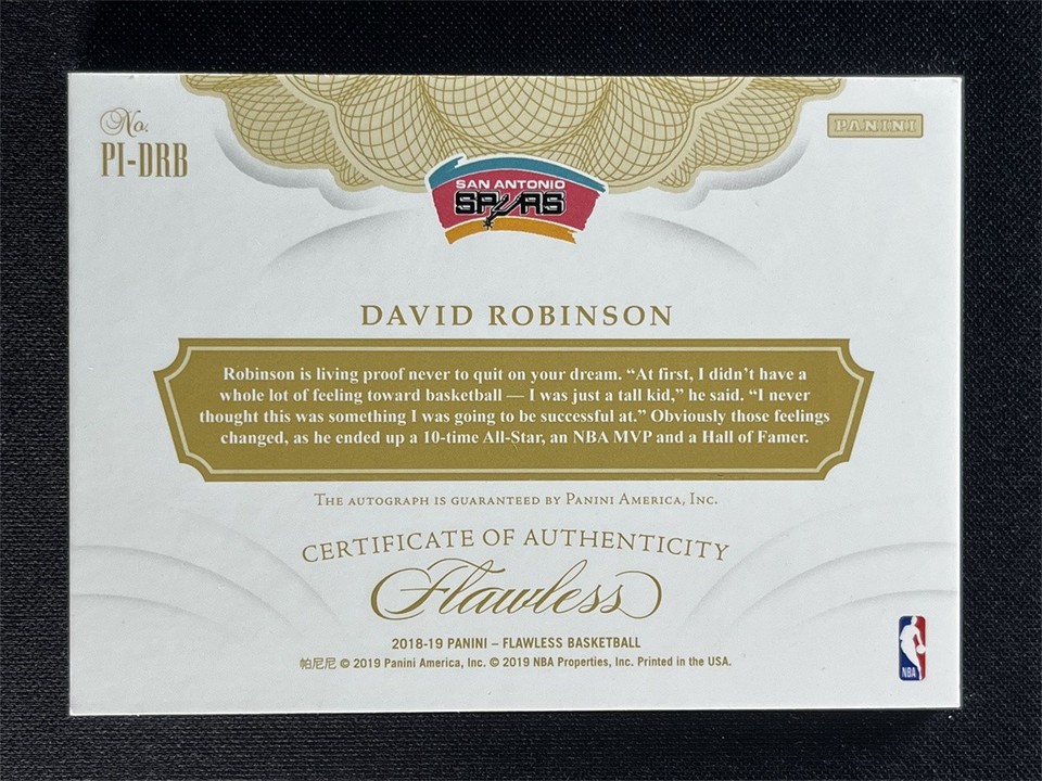 2018-19 Panini Flawless David Robinson #PI-DRB Premium Ink Auto Gold ...