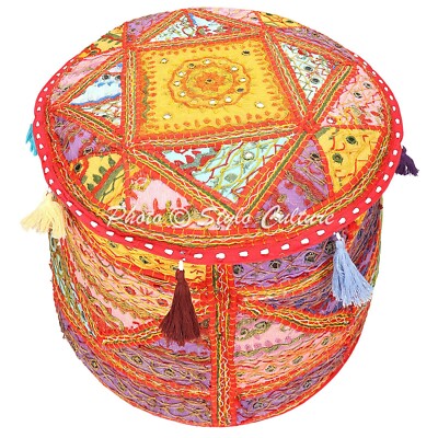 Ethnic Round Mirrored Ottoman Embroidered Patchwork Pouf Cover Bohemian ...