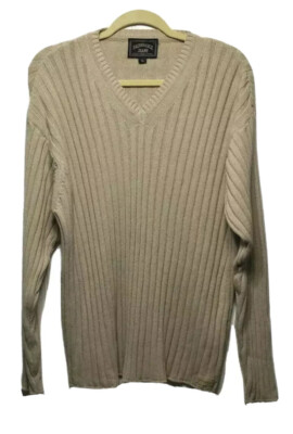 FACONNABLE Men’s XL Beige Cable V Neck Ribbed Long Sleeve sweater 100% ...