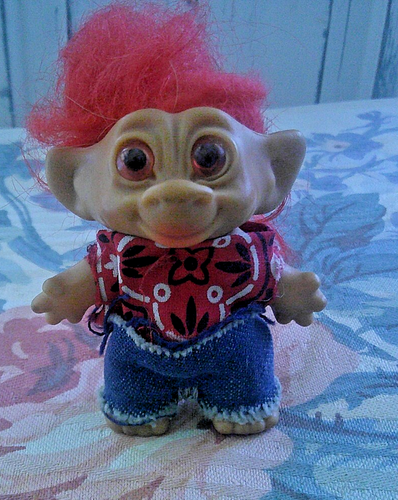 1960-1970's TROLL Doll - 3" Bright RED hair Jean's & Shirt with ...