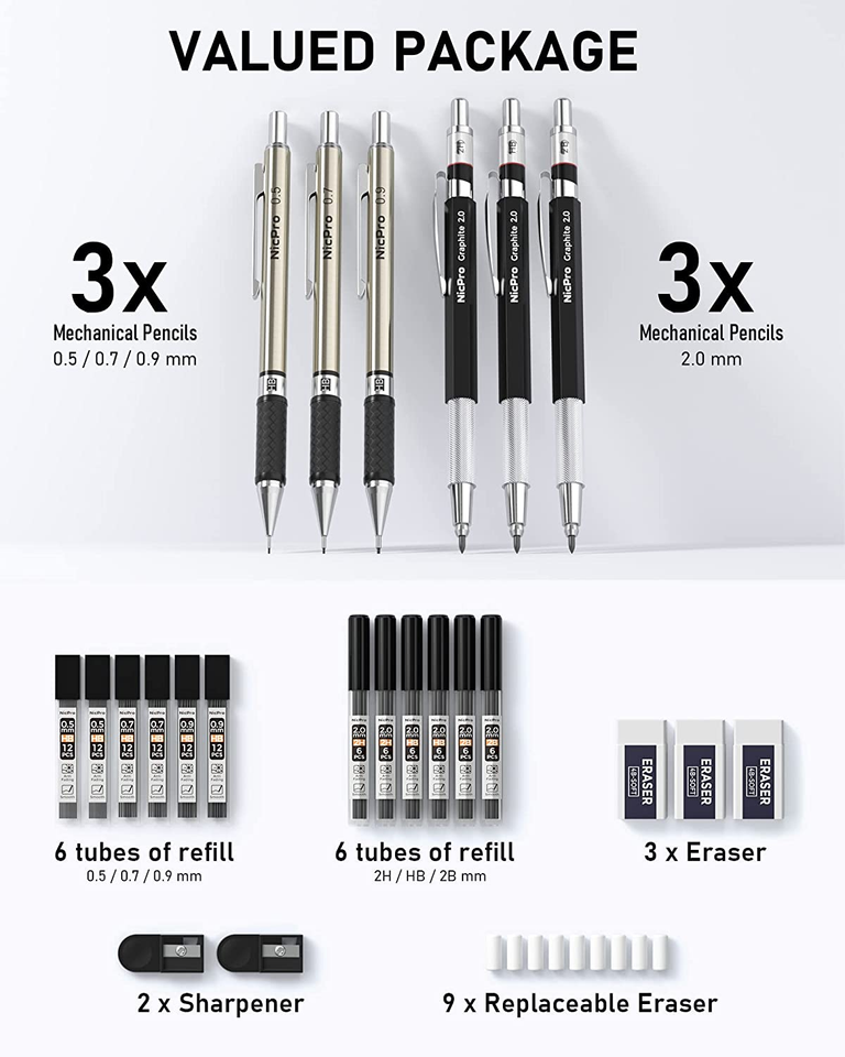 6pcs Art Mechanical Pencil Set with Lead Refills Case, Metal Drafting ...