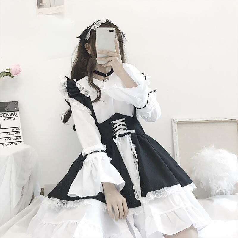 Women Maid Dress Lolita Gothic Ruffle Lace Waitress Cosplay Cute Pink ...