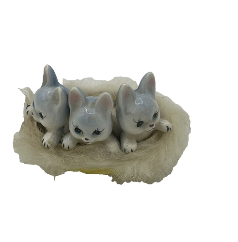Vintage Kittens In Basket Japan Ceramic Fur Trim 3 Cats Figurine MCM | eBay