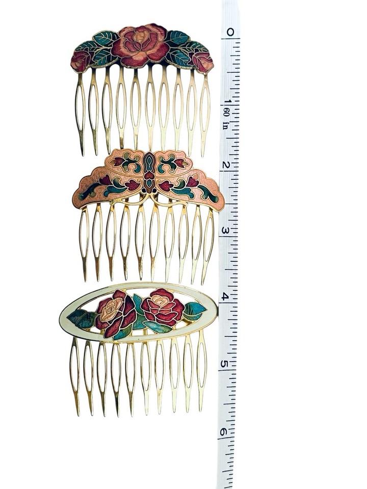 Vintage Cloisonne Hair Combs Lot Enamel Hair Metal Flower Butterfly 6 ...