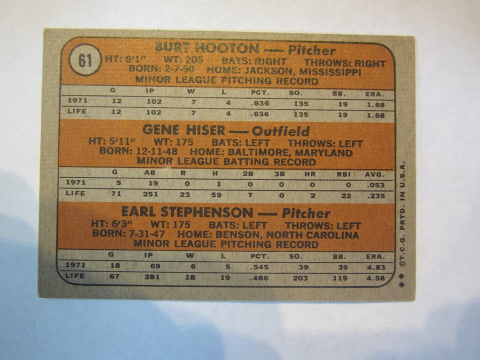 1972 Topps # 61 Bert Hooton Gene Hiser Earl Stephenson Autograph Card ...