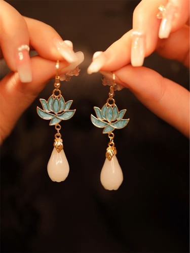 Charm White Jade Drop Dangle Lotus Lucky Earring 14K Gold Girl's Hook ...
