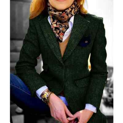 Women's Green Jacket Herringbone Blazer Single-breasted Flap Pocket ...