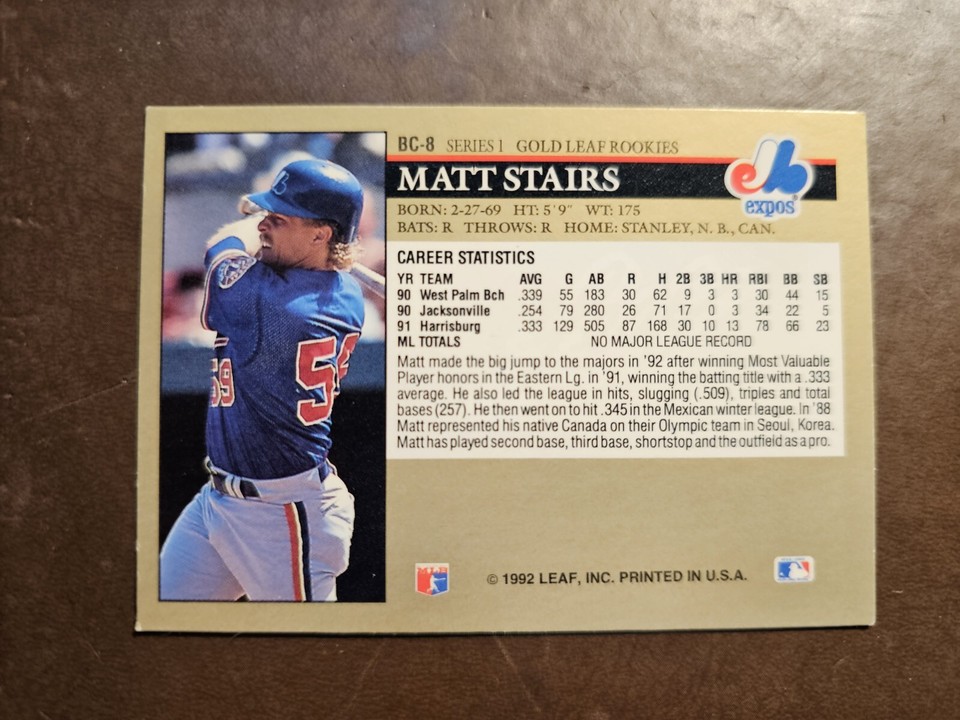 1992 Leaf Gold Rookies Matt Stairs #BC-8 RC Montreal Expos Baseball ...