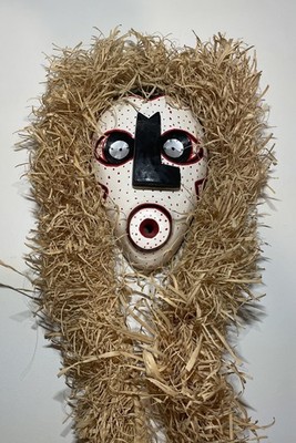 PAINTED Carved FALSE FACE Mask With Added RAFIA TYPE BRAIDED Hair ...