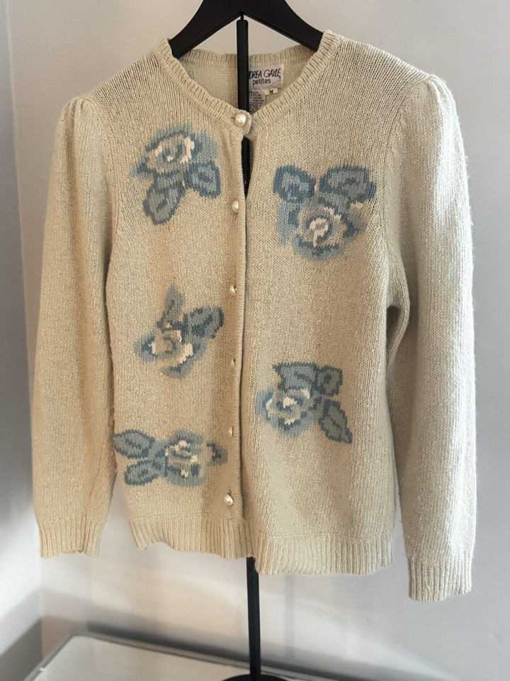 Vtg Andrea Gayle Petites Silk Blend Cardigan Pearl Buttons Floral Sz M ...