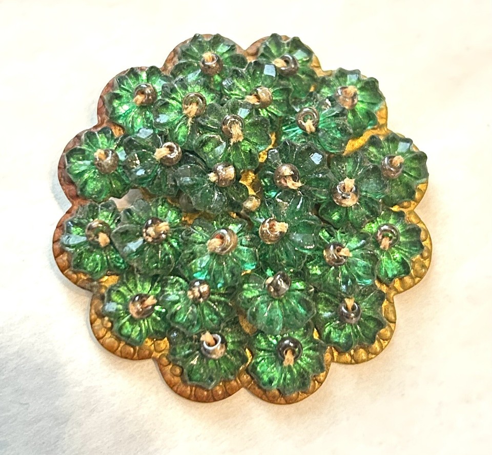 Vtg Early Unsigned Miriam Haskell Green Molded Glass Flower Brooch Sewn ...