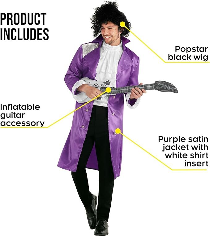 Men`s Prince Costume Adult Purple Rain Pop Star Jacket Wig Guitar Fancy ...