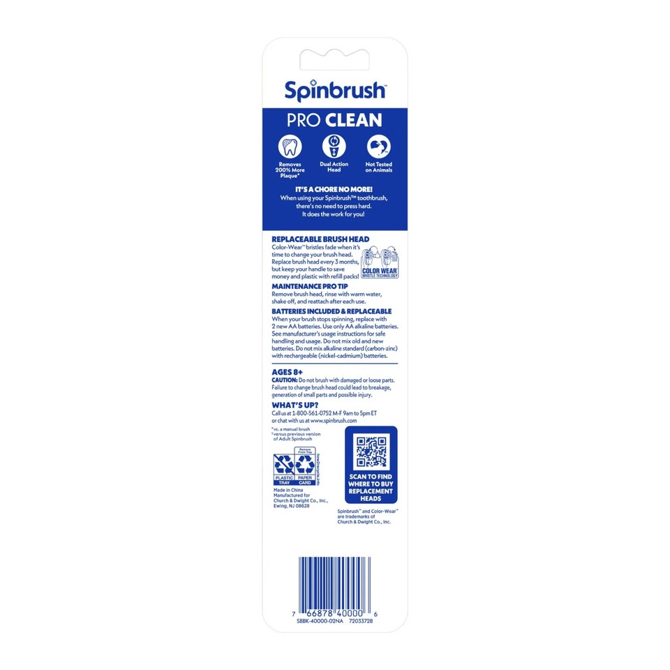Spinbrush NEW PRO CLEAN Battery Powered Electric Toothbrush for Adults ...