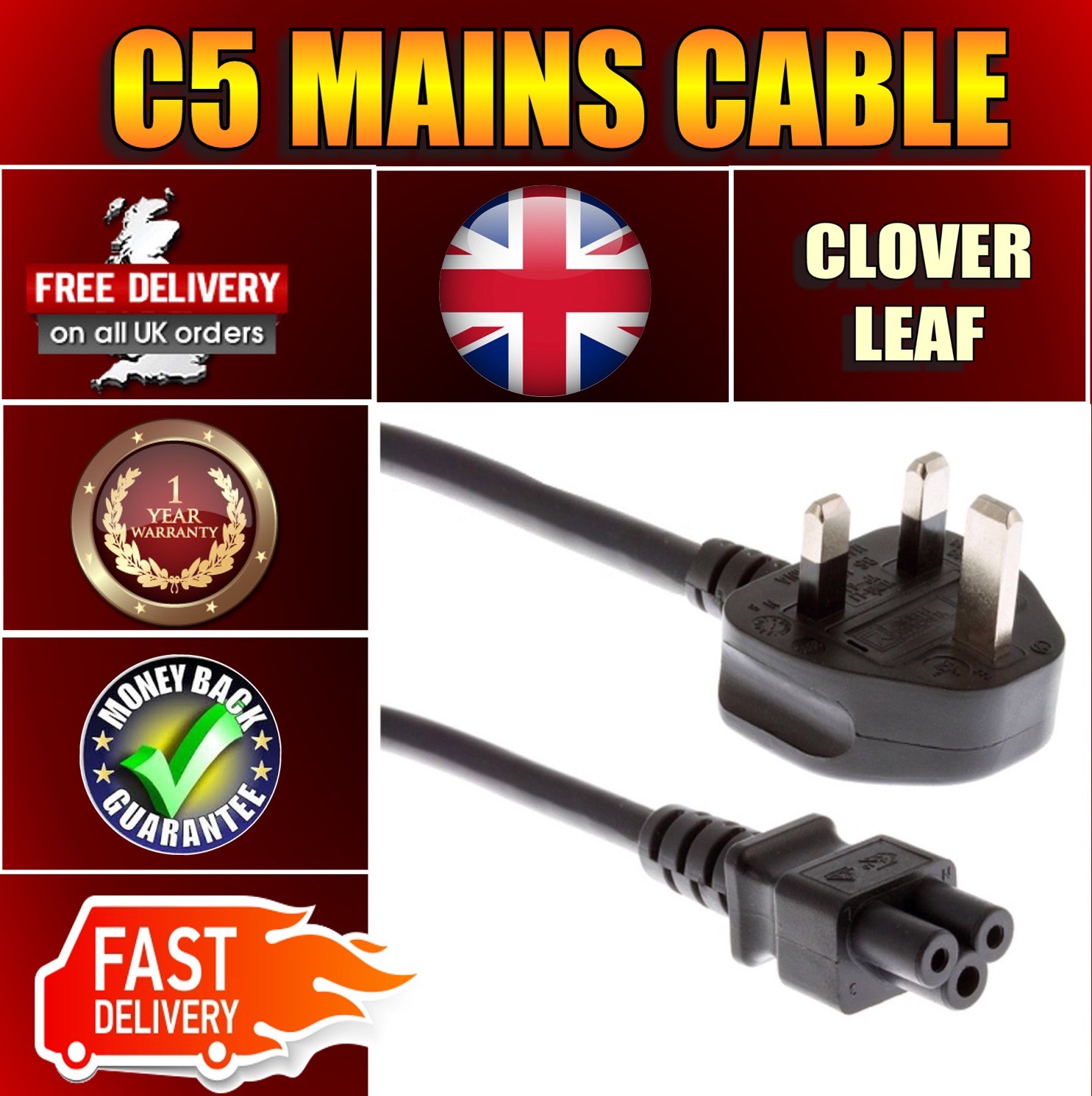 Cloverleaf Power Lead Cord for Charger UK 3 Pin Mains Clover Leaf C5 ...