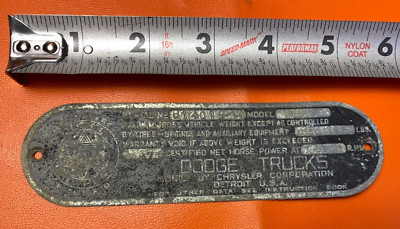 Dodge Brothers Detroit USA Made Model Serial Number Data Plate ID Tag ...