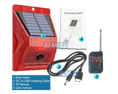 Solar Motion Sensor Alarm Red Strobe Light Loud 110dB Siren DC USB 5V ...