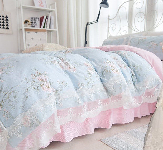 Princess Blue Floral Rose Bedding Duvet Comforter Cover Set Lace King ...
