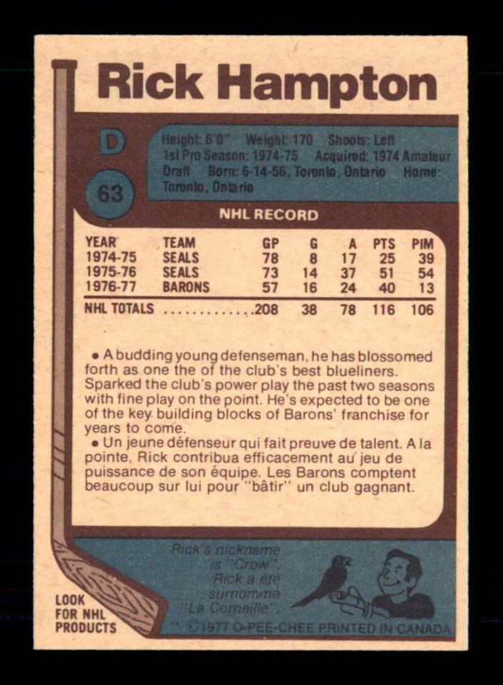 1977 O-Pee-Chee NHL #63 Rick Hampton EXMT/EXMT+ X2911569 | eBay