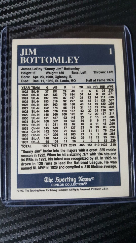 The Sporting News JIM BOTTOMLEY, 1929 #1 Color, Cardinals Conlon ...