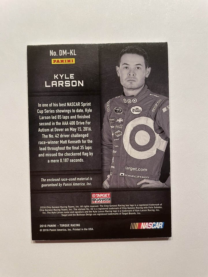Kyle Larson 2016 Panini Torque Dual Materials PURPLE 09/10 RARE #DM-KL ...