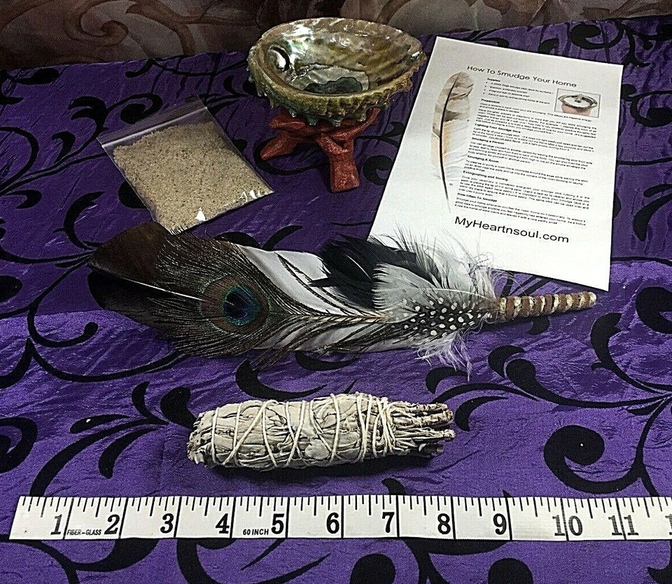 DELUXE SMUDGE KIT ABALONE SHELL STAND SAND SAGE FEATHER CLEANSING ...