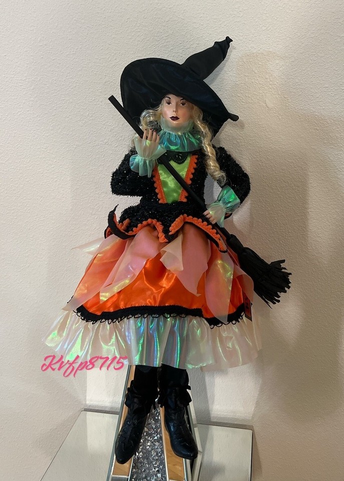 21” Blonde Halloween Witch in Iridescent & Orange Dress W/Broom Posable ...