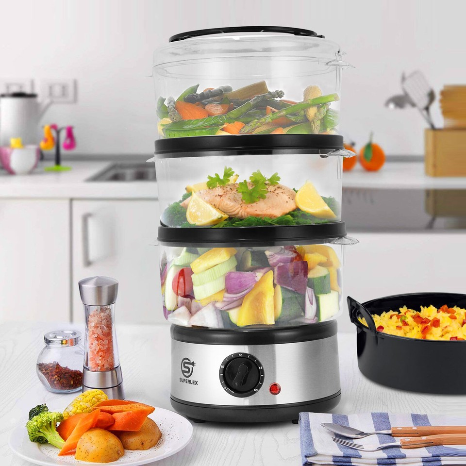 7.5L Food Vegetable Meat Steamer 3-Tier Electric Slow Cooker With Rice ...