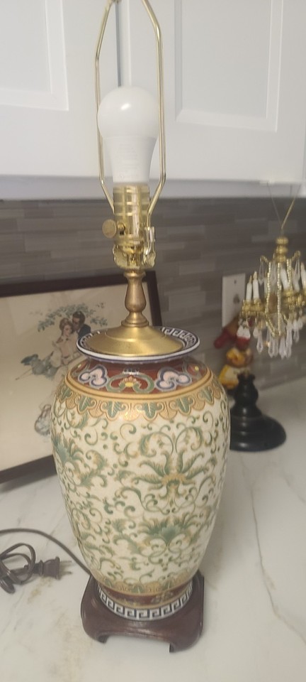 VintageAsian Ginger Jar Table Lamp Porcelain 3 Way Table Lamp Wood Base ...