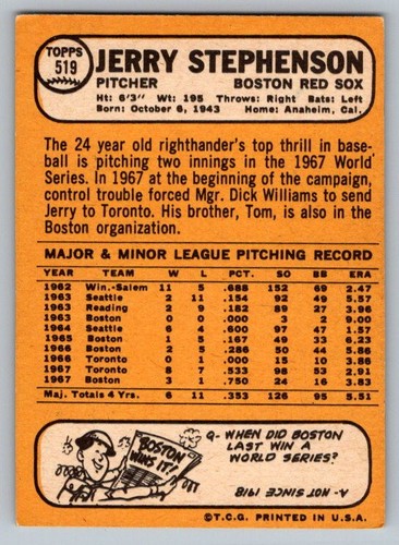 Baseball 1968 Topps #519 Jerry Stephenson Boston Red Sox | eBay