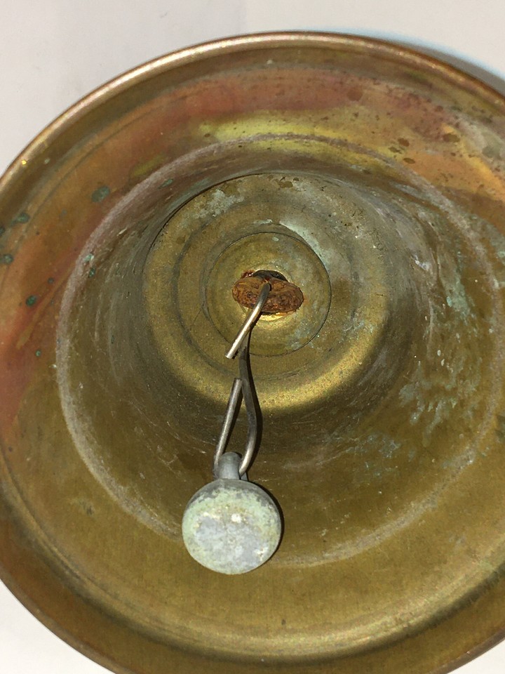 Antique LARGE Brass HAND HELD BELL Teacher School WOOD HANDLE Gold ...