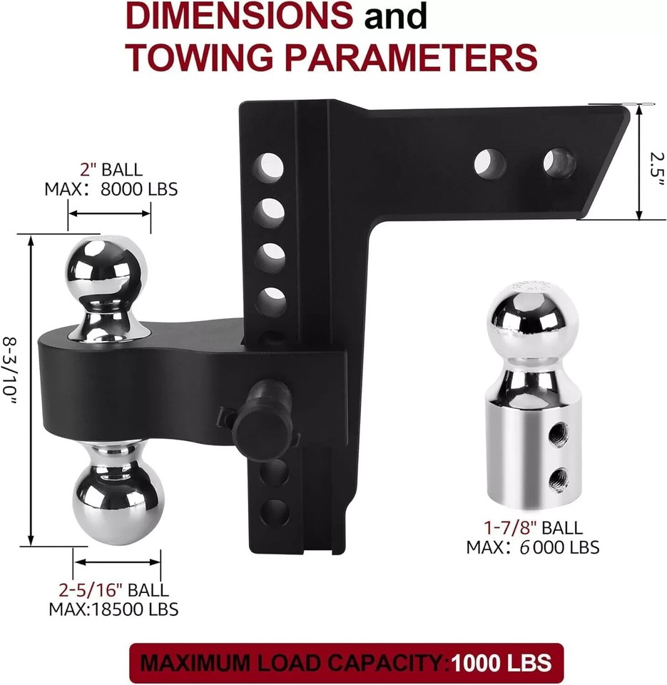 18500lb Adjustable Trailer Hitch Fits 2.5" Receiver with 8" Drop/Rise ...