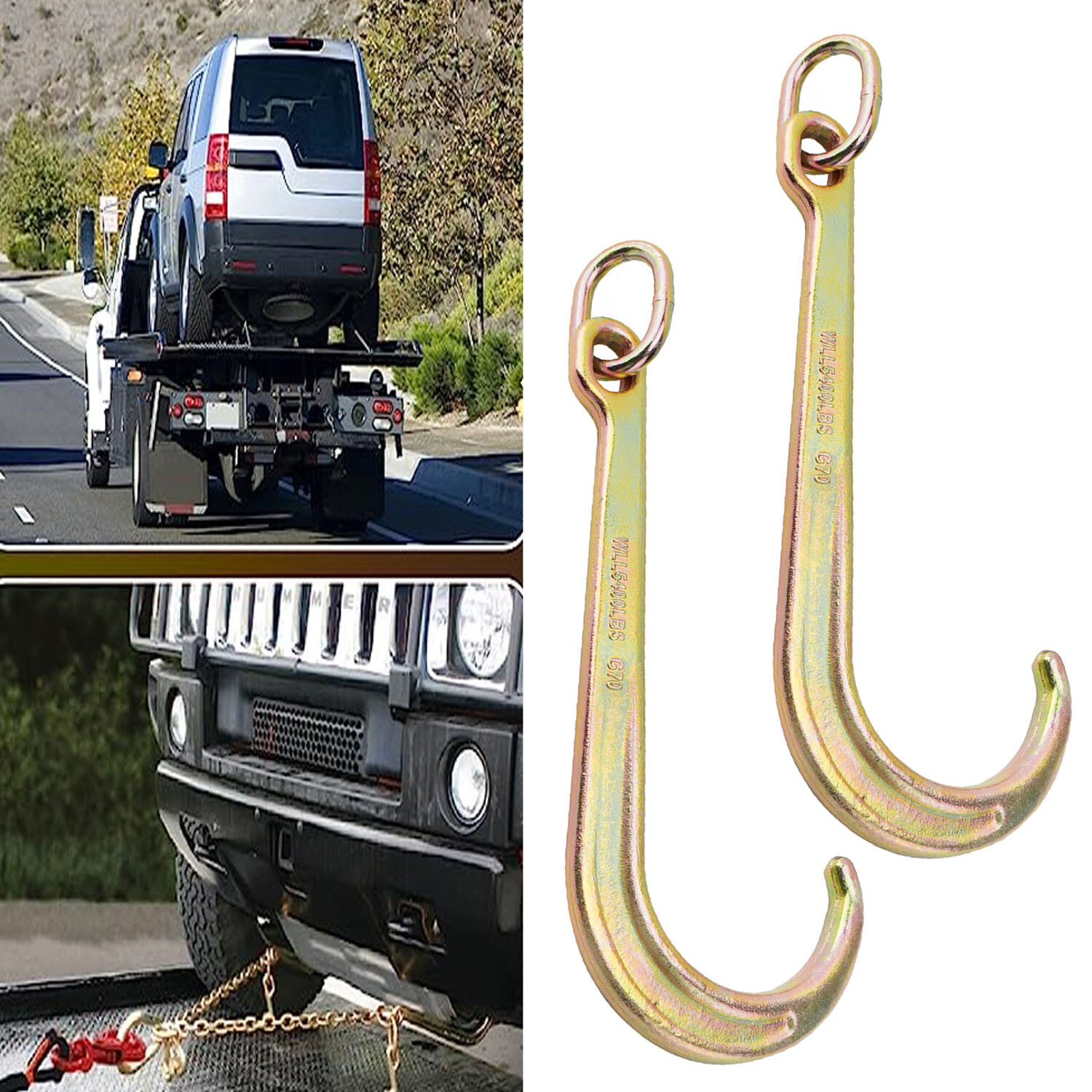 (2)15" Inch J Hook with Chain Link Tow Axle Strap Wrecker Clevis WLL ...