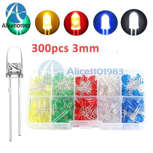 300PCS 3mm Round LED Light White/Yellow/Red/Blue/Green Assortment ...