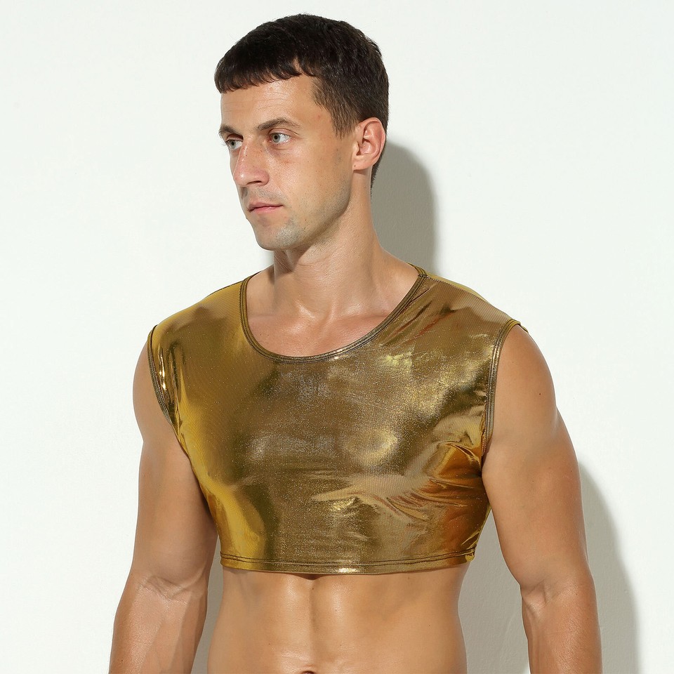 Men's Leather Tank Tops Sleeveless Shiny Metallic Rave Clubwear Muscle ...