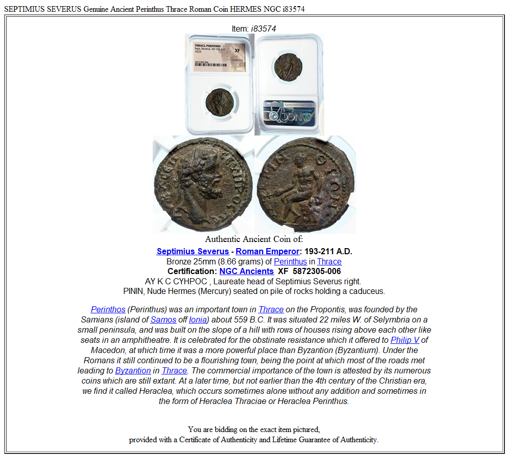SEPTIMIUS SEVERUS Genuine Ancient Perinthus Thrace Roman Coin HERMES ...